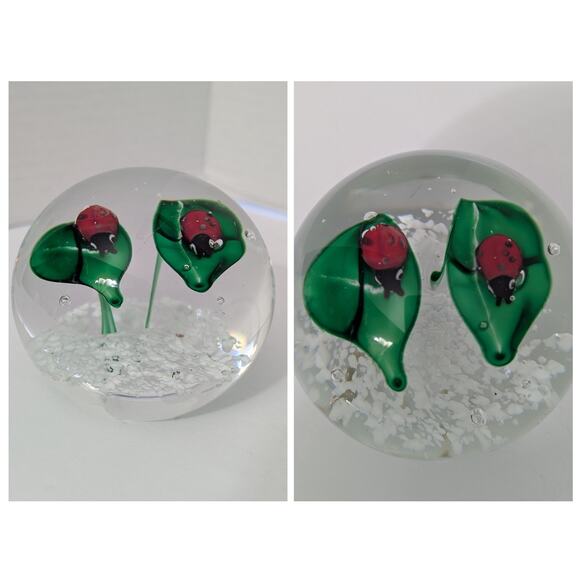 Accents | Vintage Art Glass Paperweight Ladybugs On Leaves Clear Globe ...